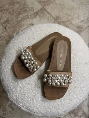 Stuart Weitzman | Shoes | Stuart Weitzman Tan Pearlembellished Slide ...